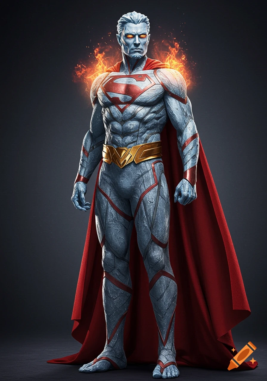 Muscular superhuman with grey skin, glowing orange eyes, white hair, a ...