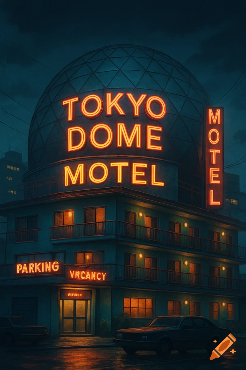 A neo-noir inspired motel with a large geodesic dome on top, featuring ...