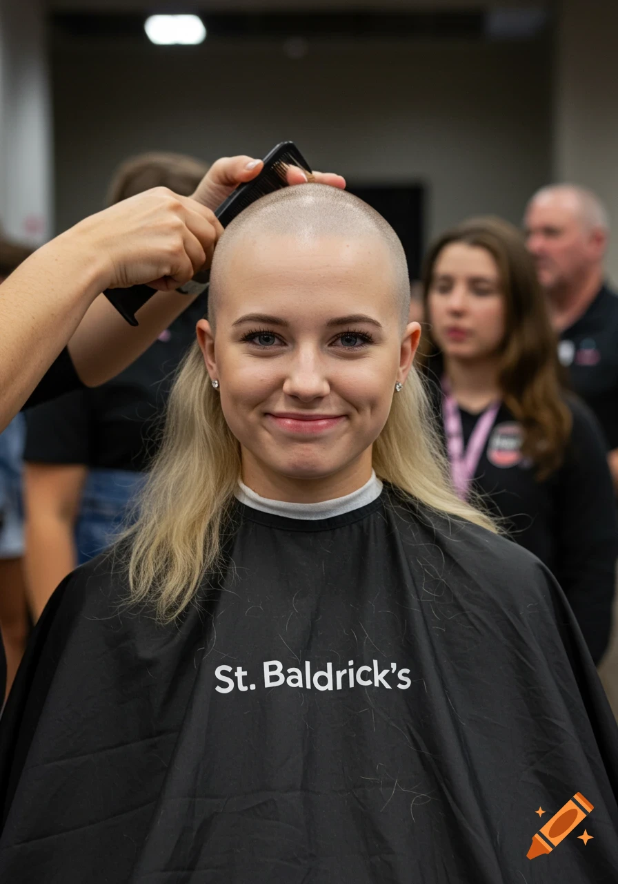 A young woman smiles as her head is shaved bald at a St. Baldrick's ...