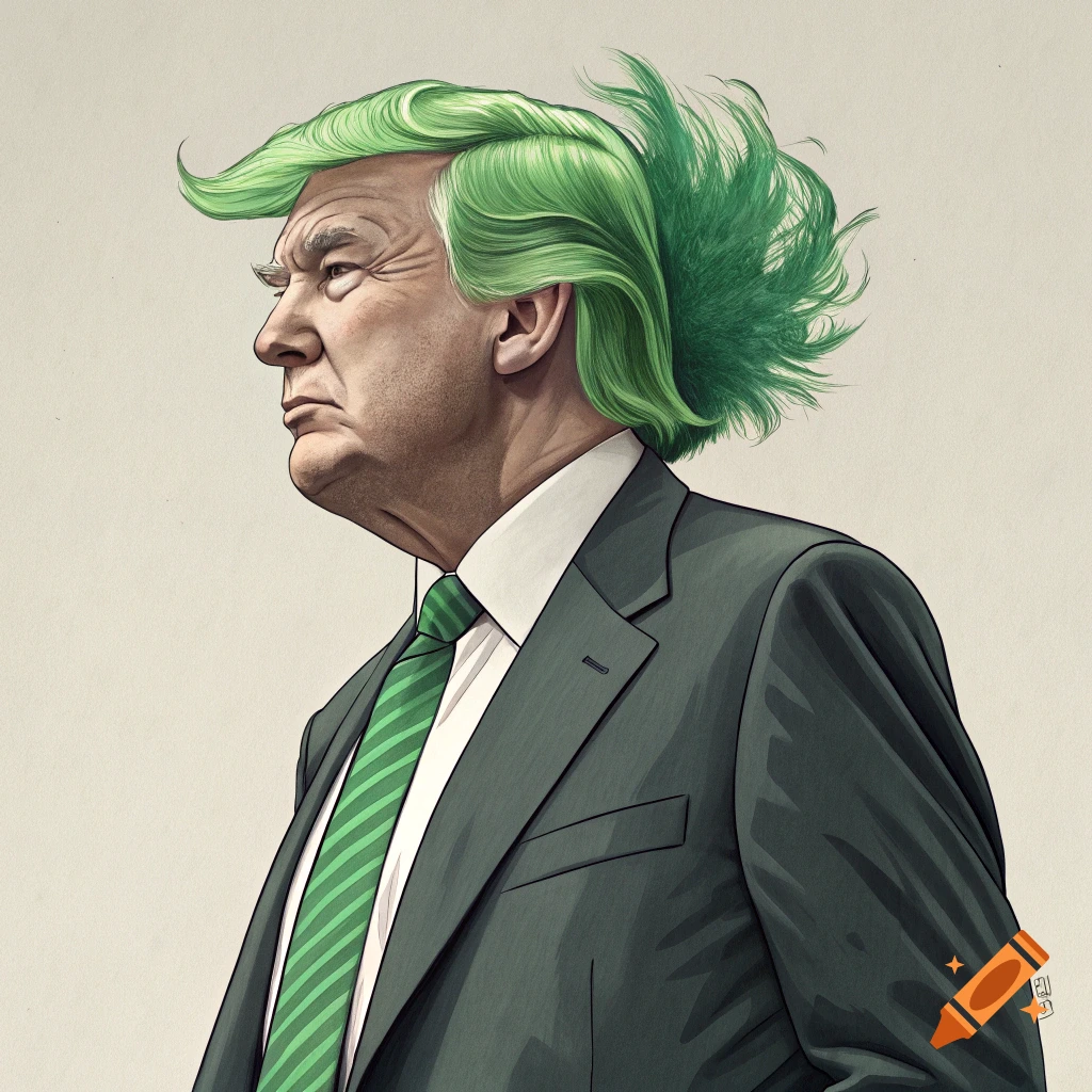 Illustrative portrait of Donald Trump with vibrant green hair and a ...