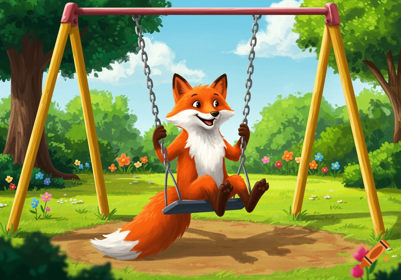 A happy cartoon fox swings on a swing set in a sunny park. on Craiyon
