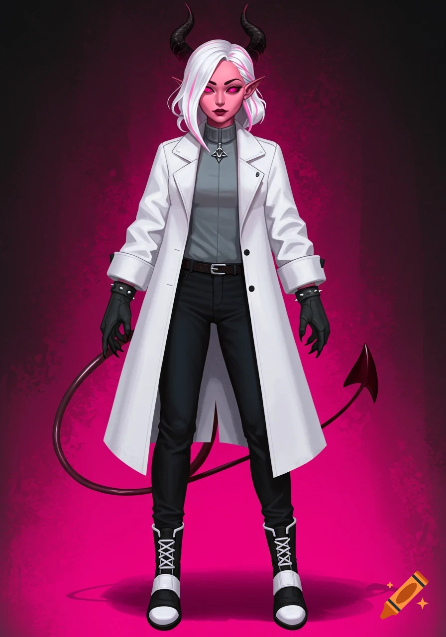 A pink-skinned demon woman with white hair and pink stripes, black ...