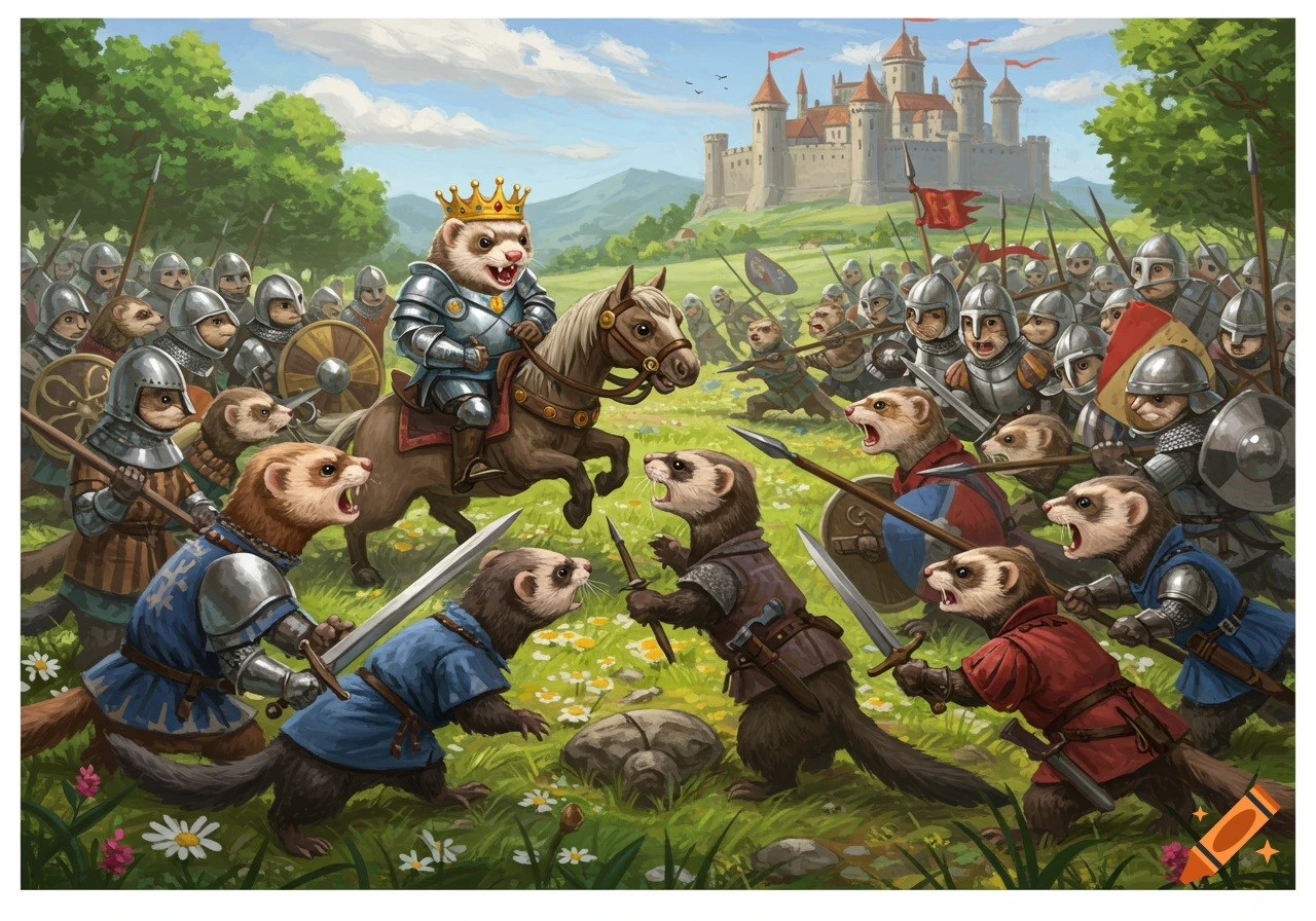 Stylized image of ferrets in medieval armor fighting on a grassy ...
