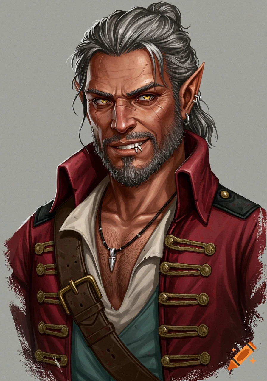 Portrait of a weathered male fantasy character with grey hair, pointed ...