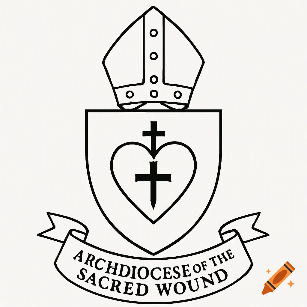 Black and white line art crest featuring a bishop's mitre above a ...