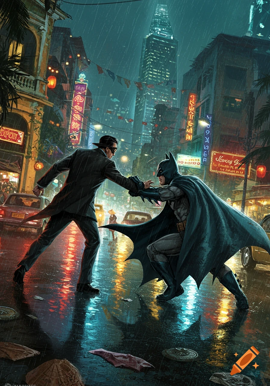 Batman fights a man in a black suit on a rainy, neon-lit city street ...