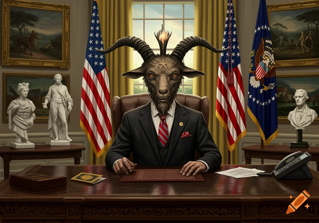 An anthropomorphic goat-headed Baphomet figure, wearing a suit and tie ...