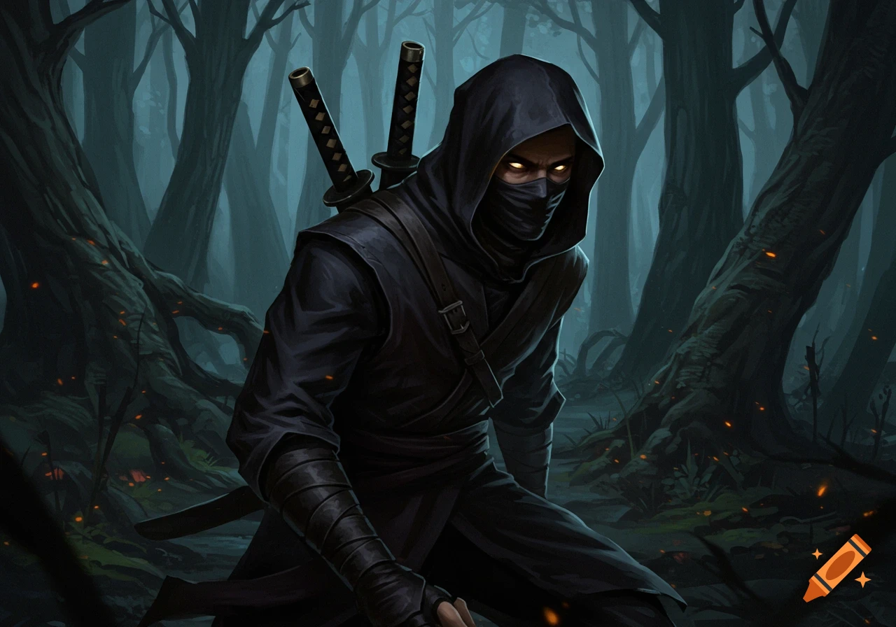 A dark cloaked ninja with glowing yellow eyes stands in a moonlit ...