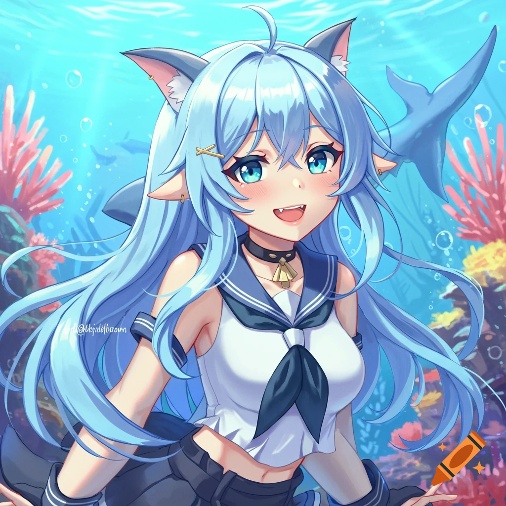 An anime shark girl with light blue hair and cat ears smiles underwater ...
