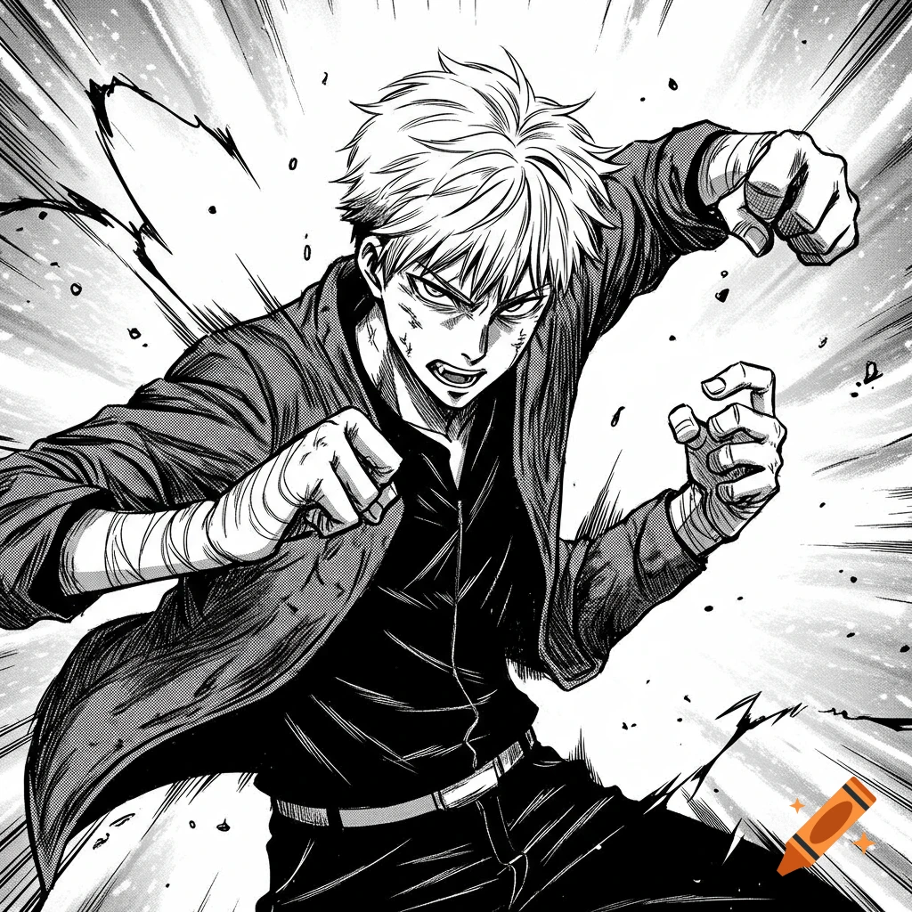 Black and white manga-style illustration of an angry young man with ...