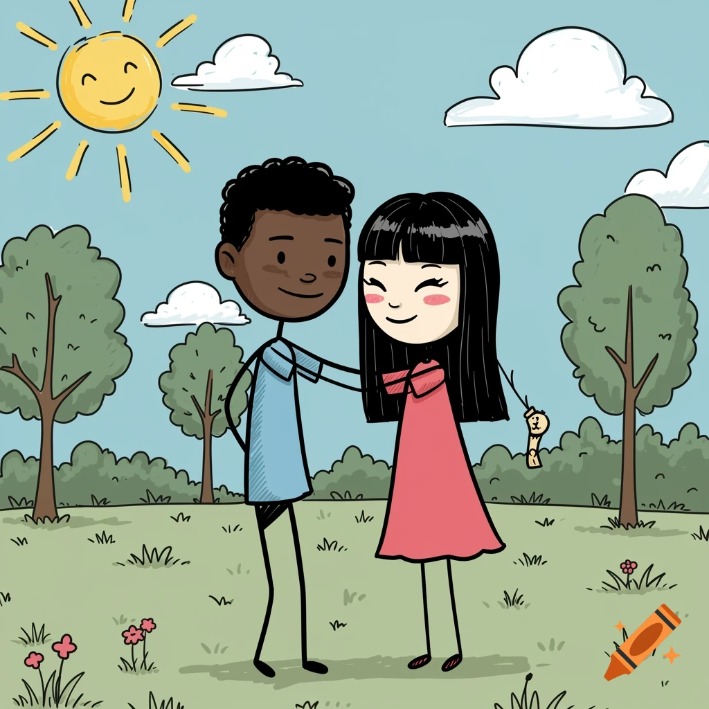 A stick drawing of a young Black boy and an Asian girl holding hands in ...