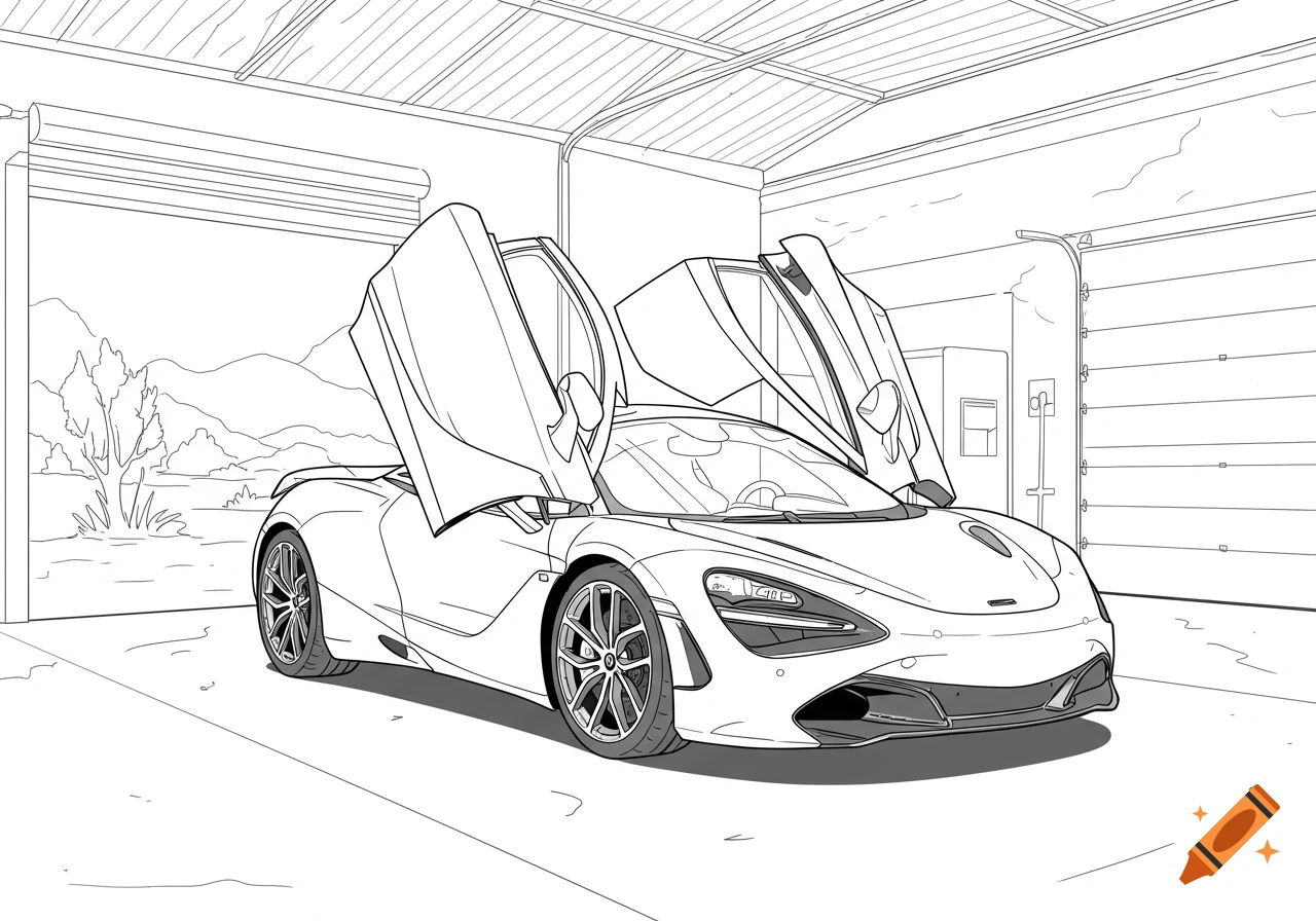 Black and white line art of a McLaren 720S sports car with open ...