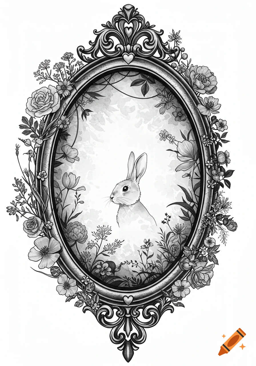 Monochromatic illustration of a white rabbit in an ornate oval gothic ...