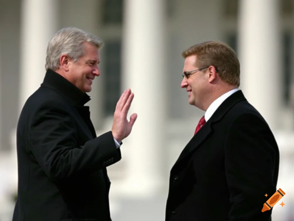 Two smiling men in suits, one waving, stand outside a white building ...