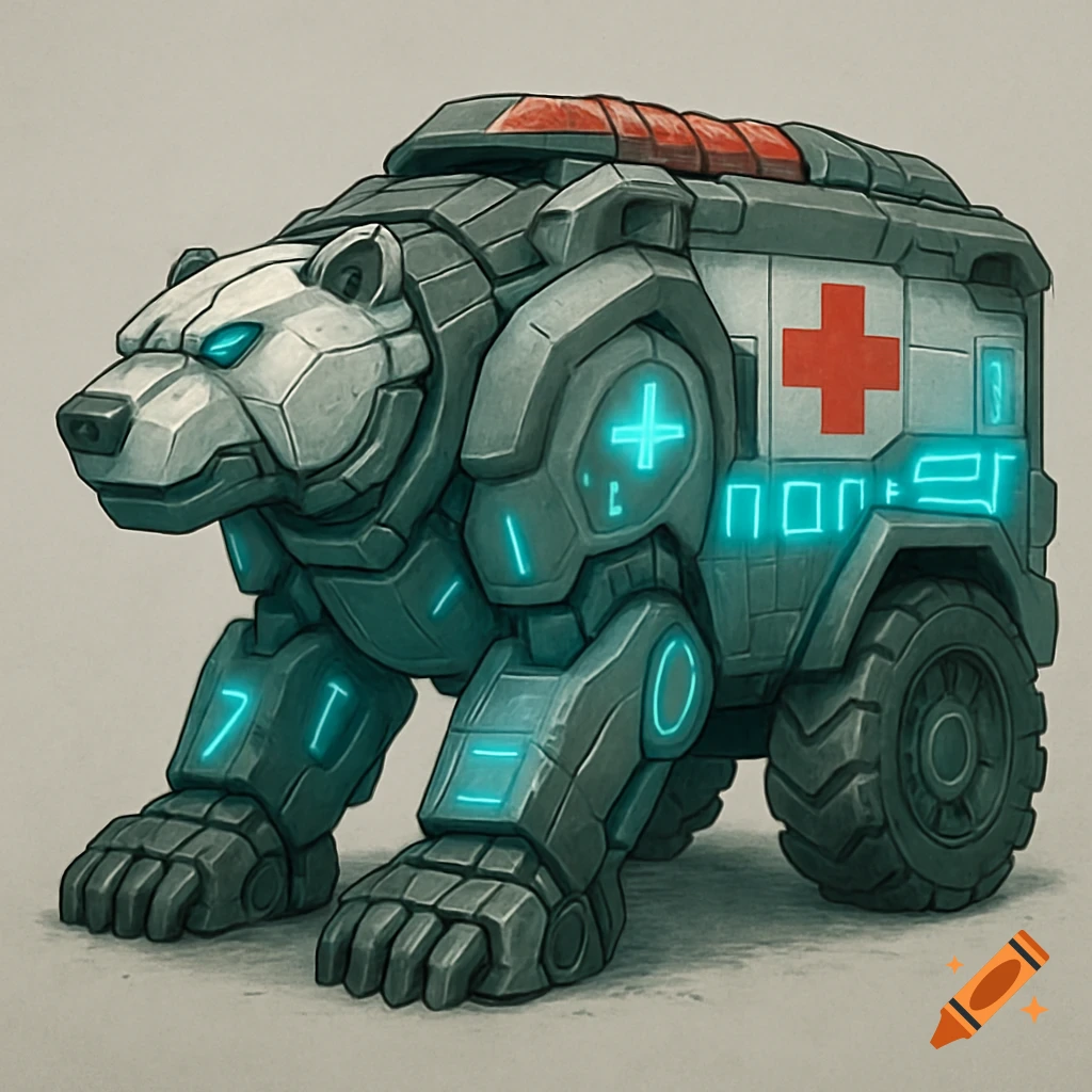 A grey armored cybernetic polar bear ambulance with glowing blue lights ...