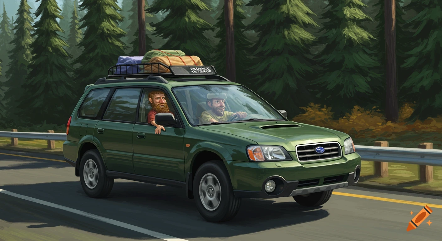 An illustration of a dark green Subaru Outback with two bearded men ...