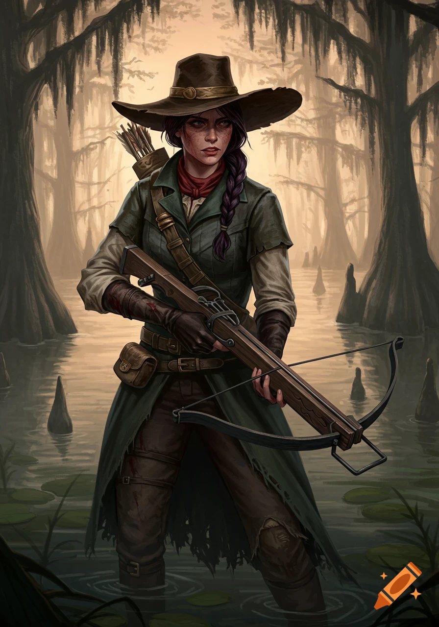 A female hunter in a wide-brimmed hat holds a crossbow in a murky swamp ...
