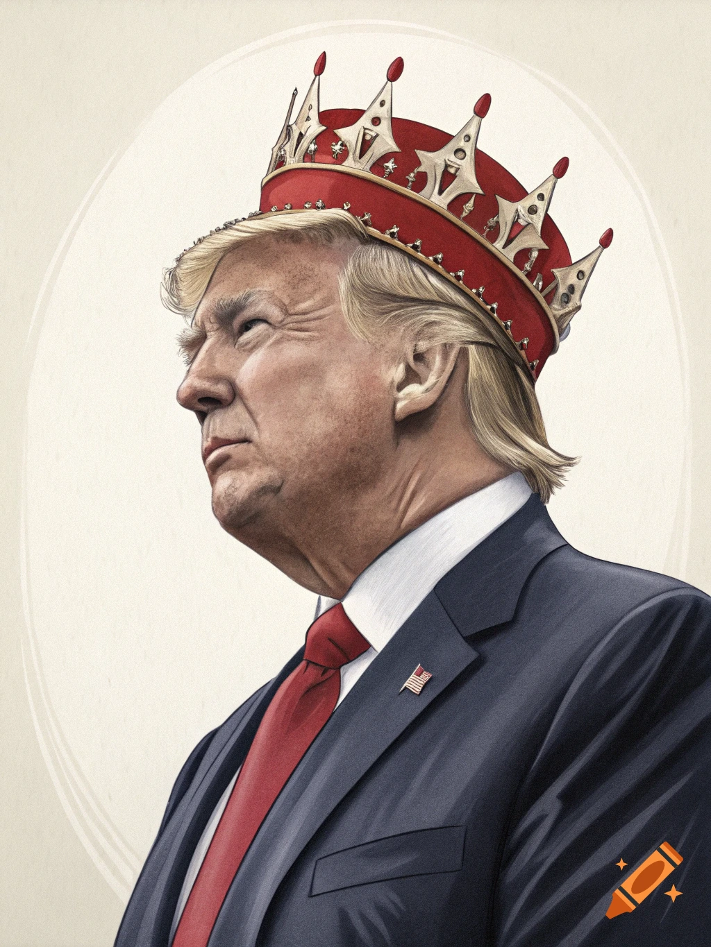 Illustration of Donald Trump wearing a red and gold crown, looking left ...
