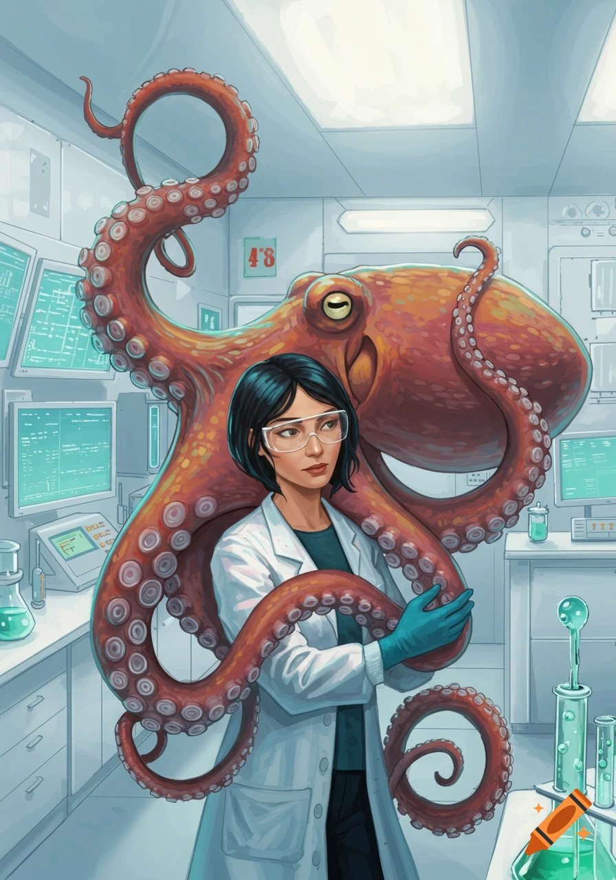A woman in a lab coat and safety glasses stands with a large octopus in ...
