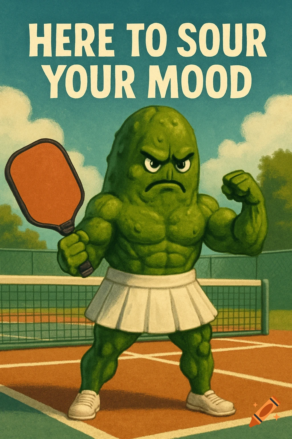 A muscular, angry pickle wearing a white tennis skirt holds a ...