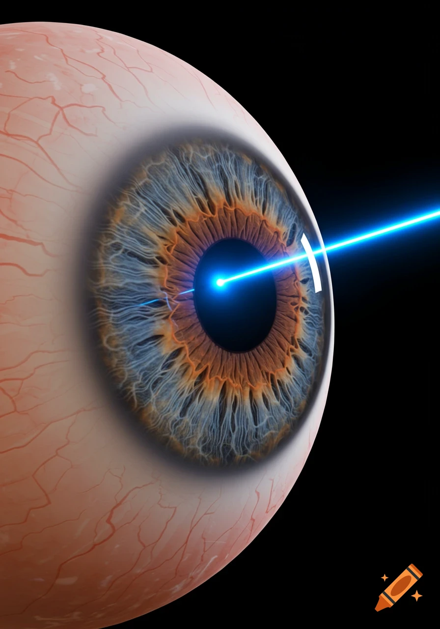 3D rendering of a human eye with a blue laser beam entering the pupil ...