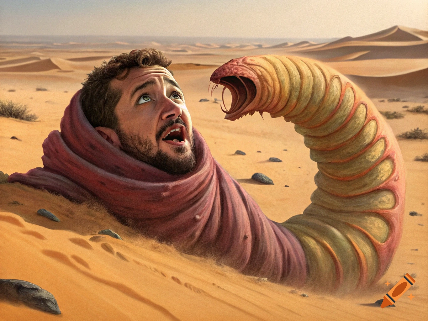 Shia LaBeouf's head emerges from a large, segmented desert worm in a ...