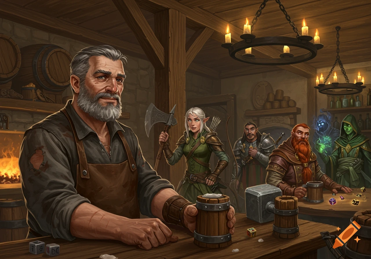 A digital painting of a grizzled tavern keeper at a bar, looking at a diverse group of ...