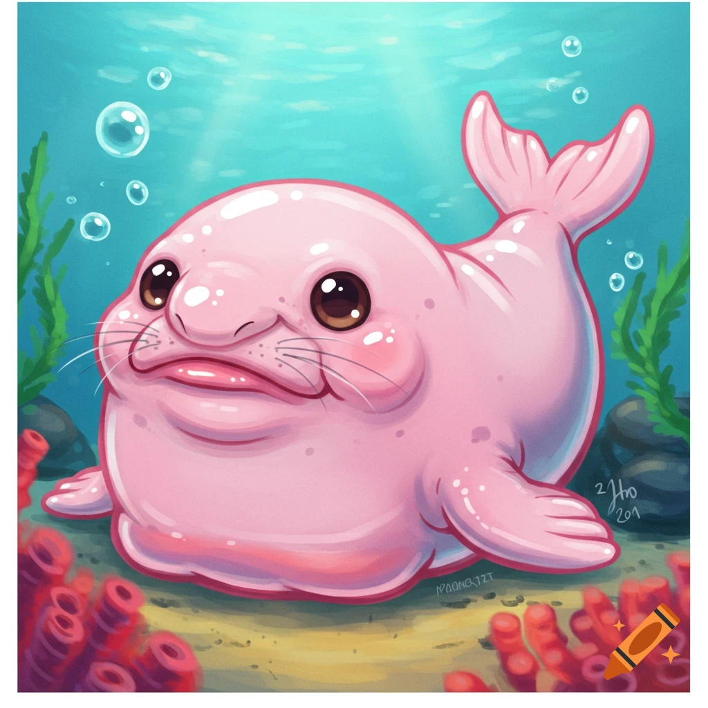 A cute, pink cartoon blob fish blended with a seal, swimming underwater ...