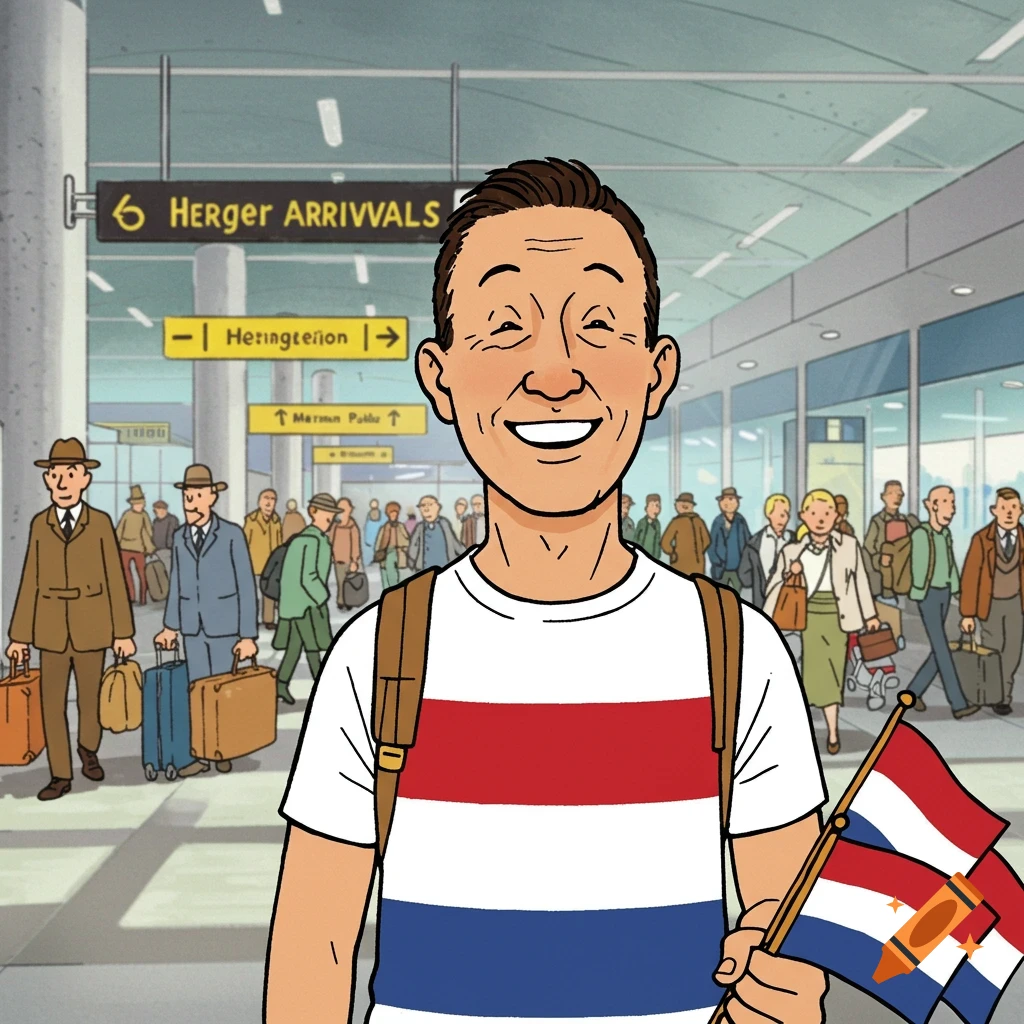 Cartoon of a smiling man in a Dutch flag t-shirt holding small flags at ...