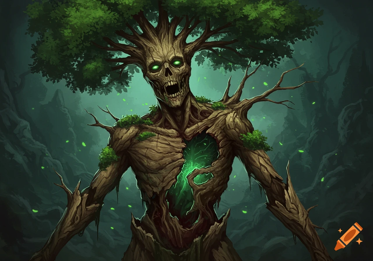 A grotesque tree creature with a skull face, glowing green eyes, and a ...