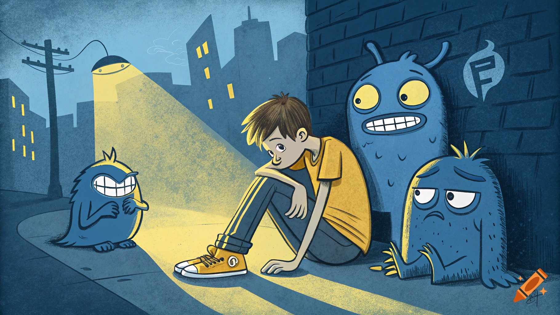 A sad teen boy sits on a sidewalk at night, illuminated by a streetlamp ...