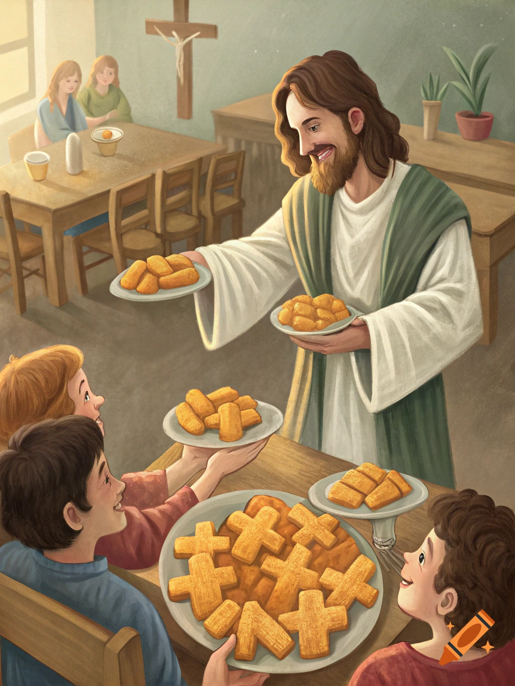 Jesus serves cross-shaped chicken nuggets to children gathered around a ...