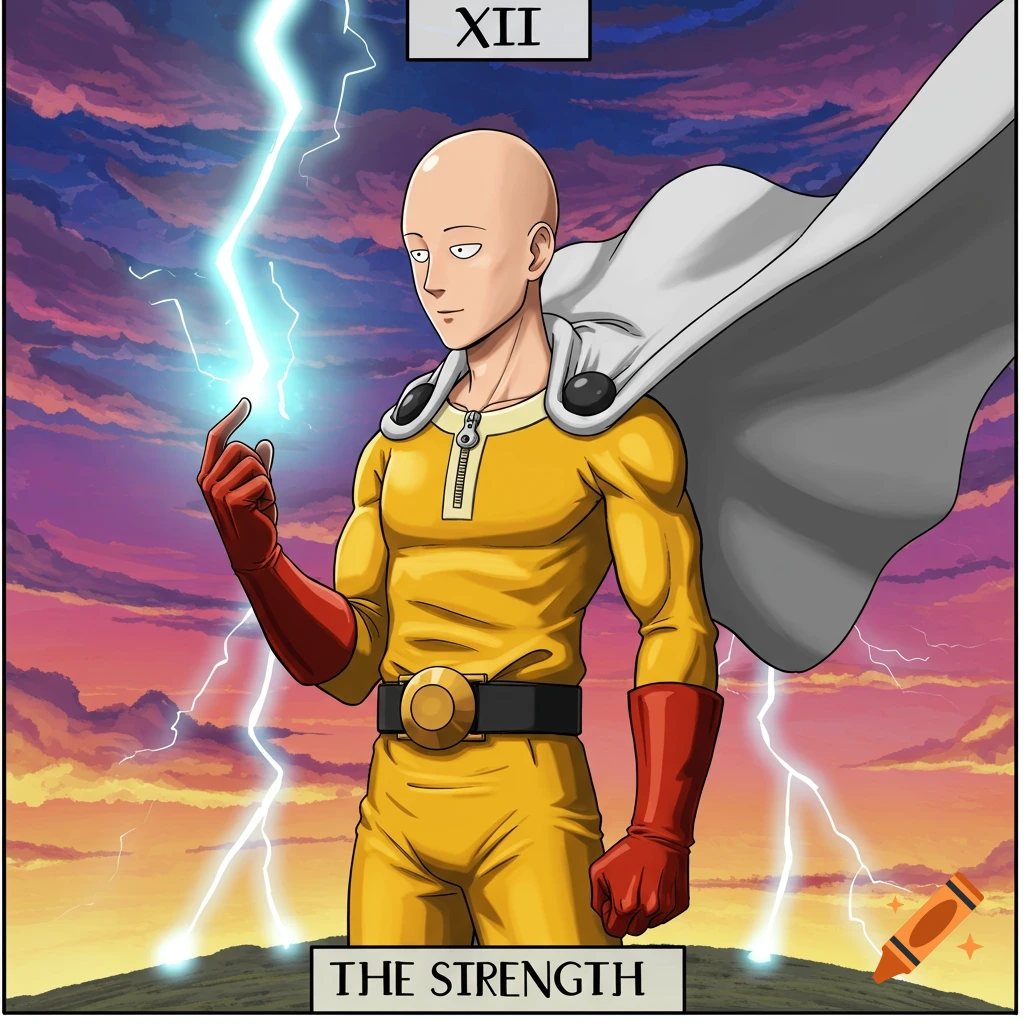 Saitama as a Tarot card, standing with lightning, against a stormy ...