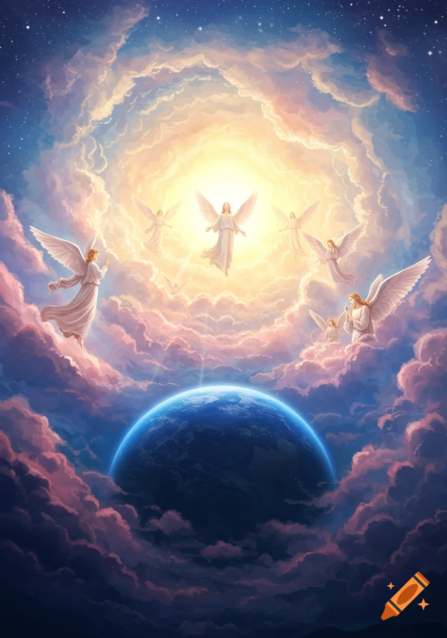 Angels with wings hover in a bright, cloudy sky above a planet, bathed ...