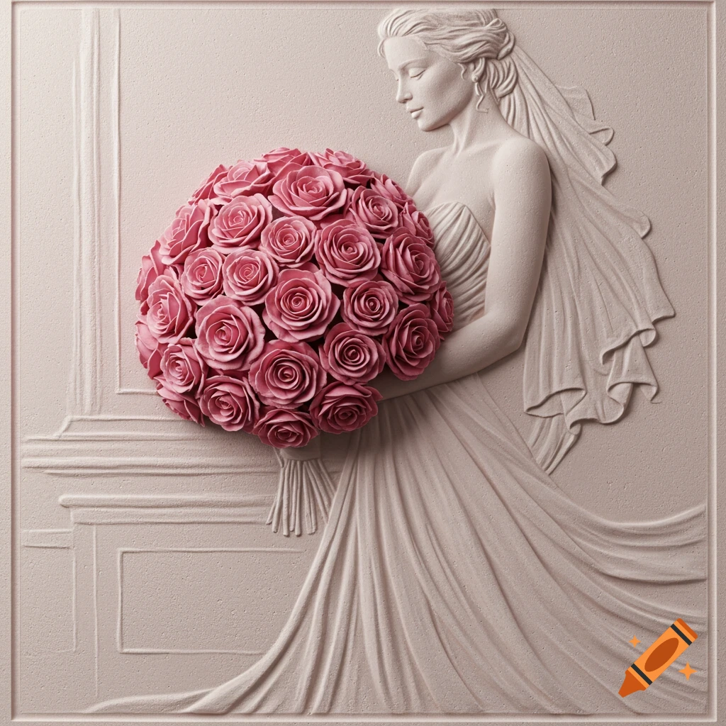 Bas relief of a woman in a wedding dress holding a large bouquet of ...