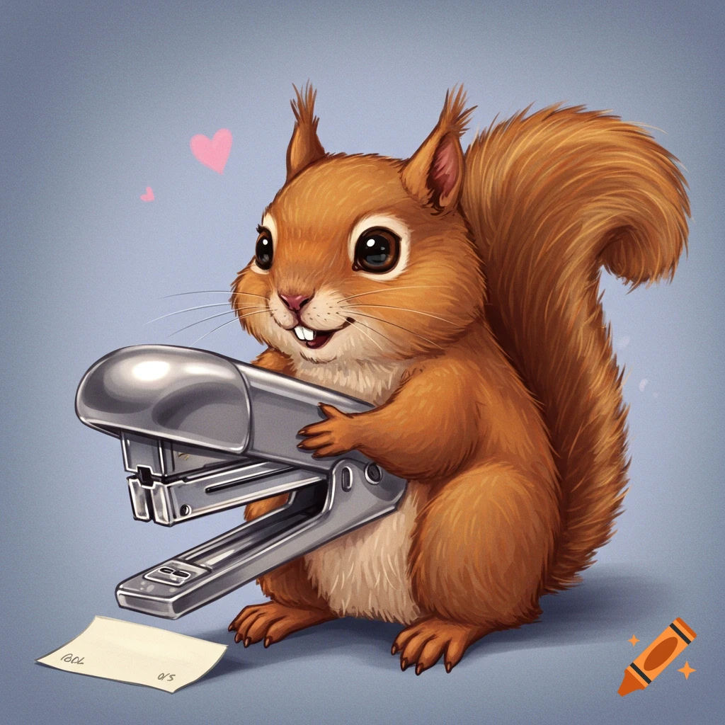A cute, cartoon-style brown squirrel holds a silver stapler, with pink hearts above its head. on ...