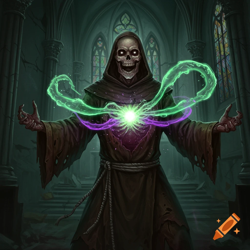 An undead monk-like figure with glowing eyes and an open mouth casts ...