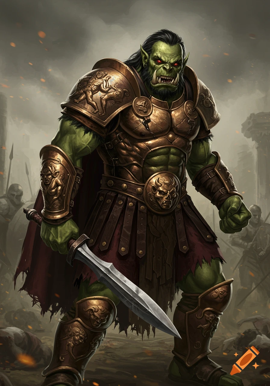 A powerful green-skinned orc warrior in detailed bronze ancient Greek battle armor holds a sword ...