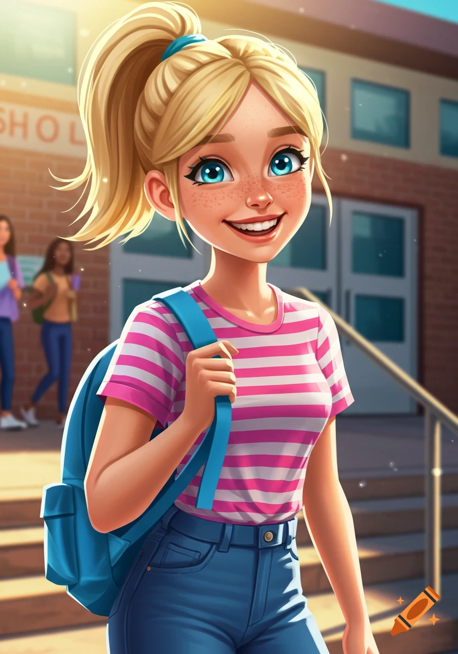 An Illustration Of A Smiling Blonde High School Girl With A Blue