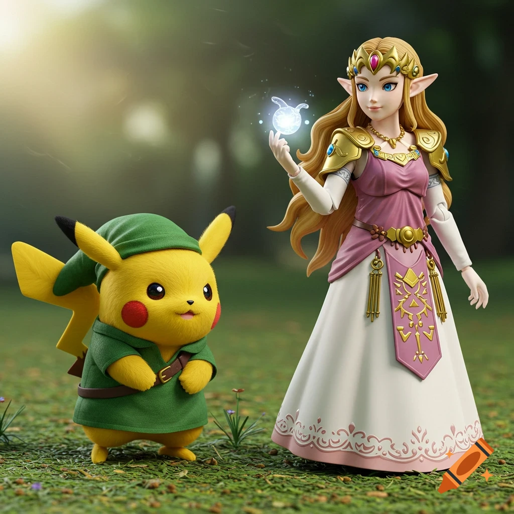 Pikachu in a green Link tunic and Princess Zelda holding a glowing orb ...
