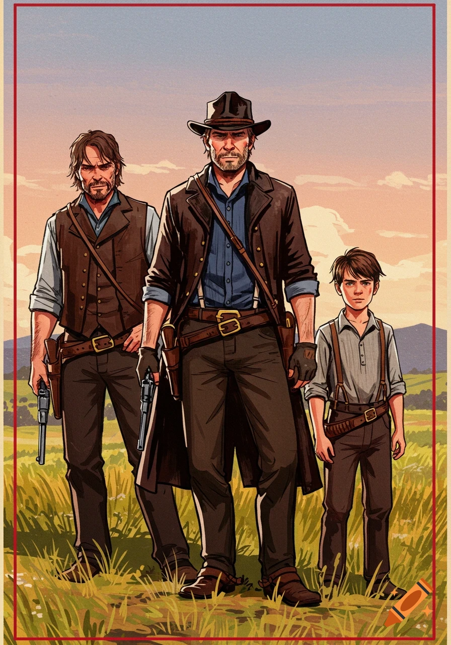 An illustration of Arthur Morgan, John Marston, and Jack Marston in ...