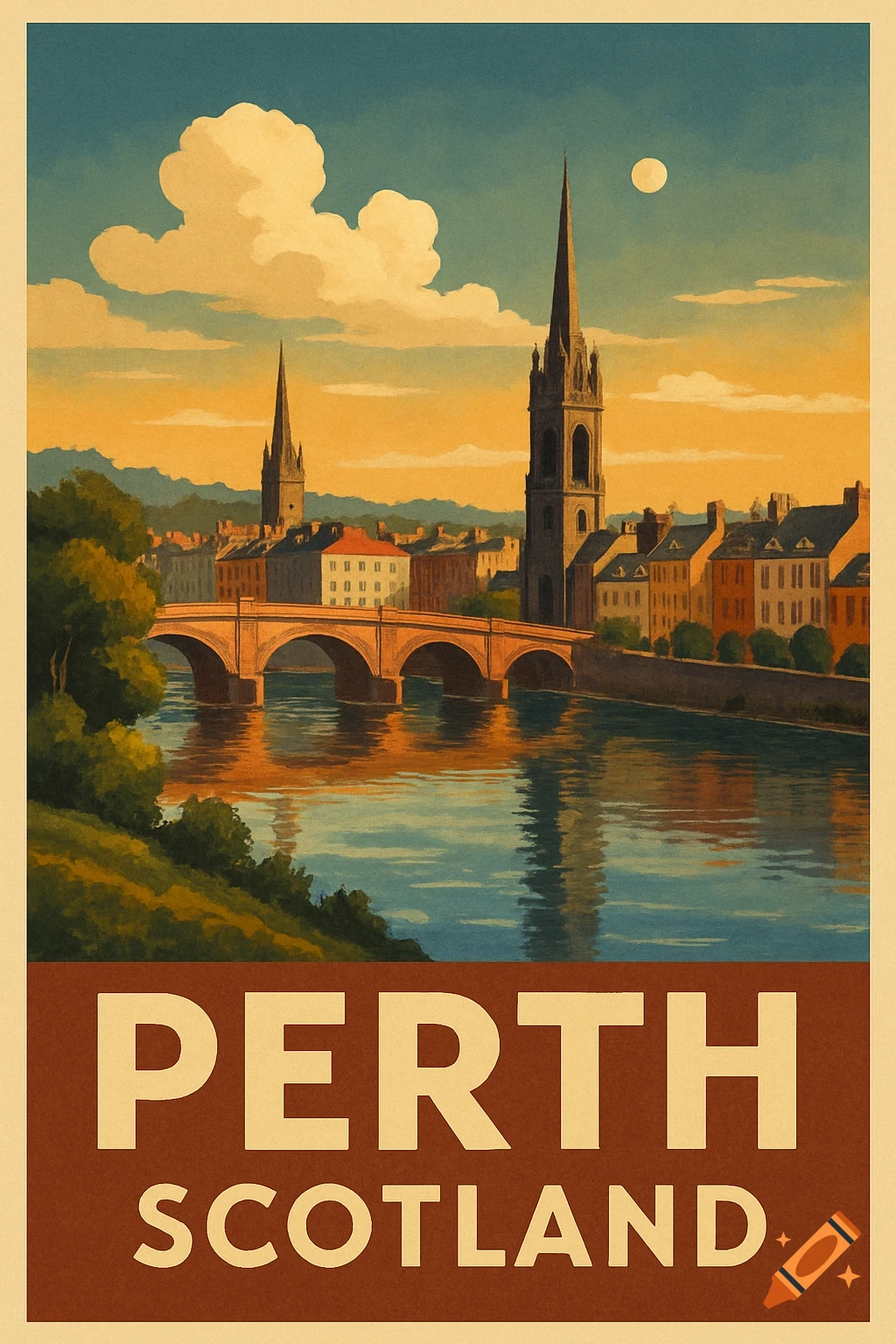 Retro travel poster of Perth, Scotland, featuring a river, bridge ...