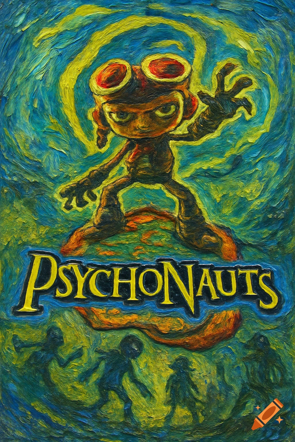 A vibrant, Van Gogh-style painting of Raz from Psychonauts with thick ...