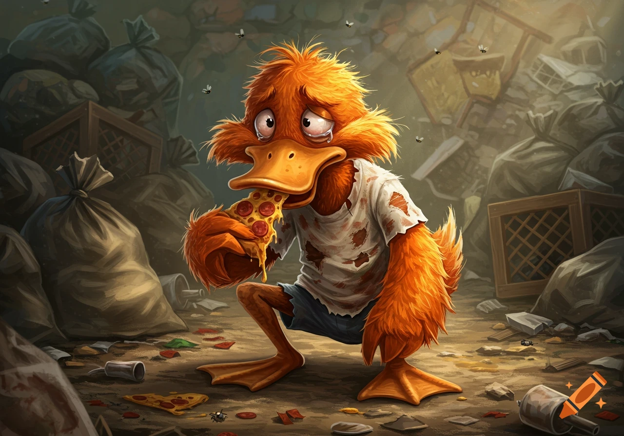 An anthropomorphic, skinny orange duck with messy feathers, wearing a ...