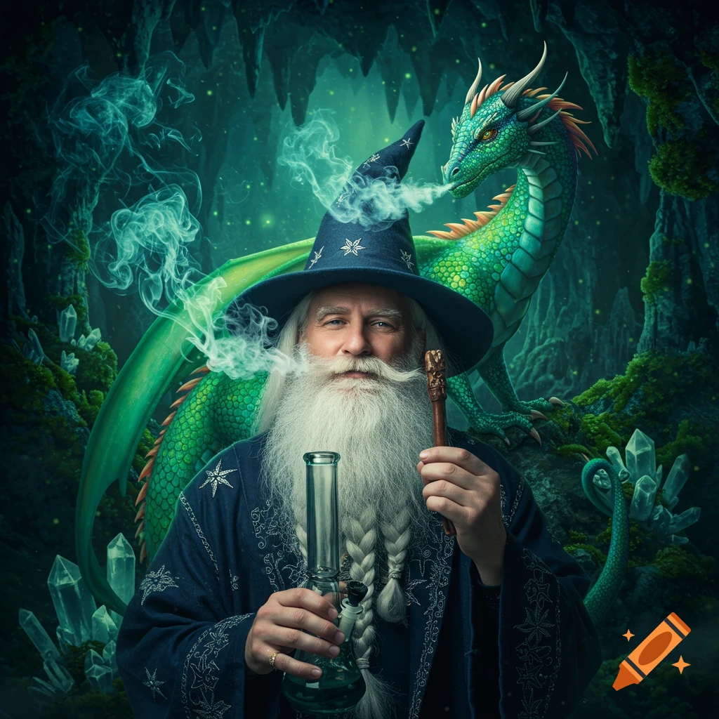 A wizard with a long white beard smoking from a bong, with a green ...