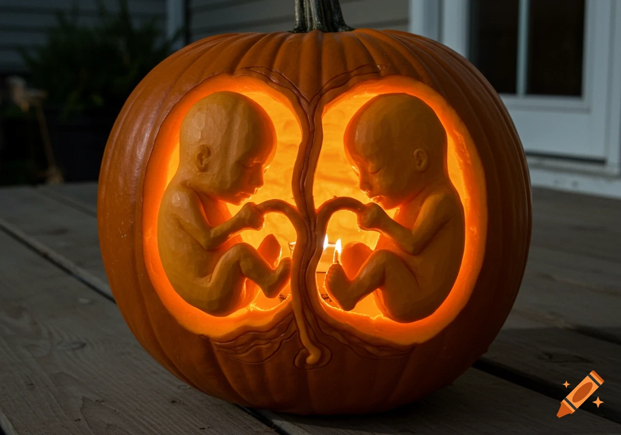 A photorealistic image of a pumpkin carved to depict two fetuses inside ...