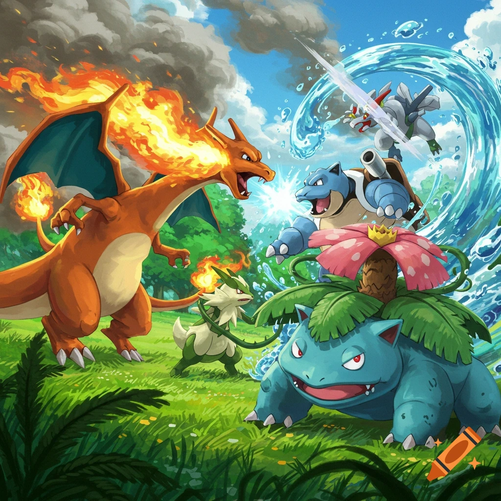 Charizard, Blastoise, and other Pokémon battle in a vibrant grassy field under a cloudy sky. on ...