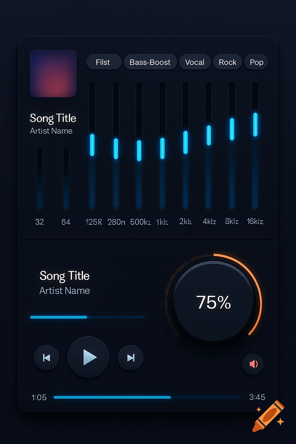 A dark mode music player interface with a graphic equalizer featuring ...