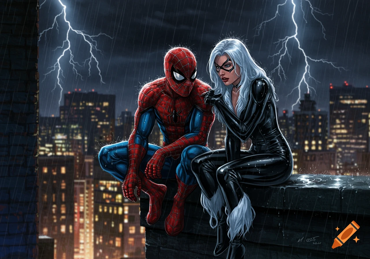 Spider-Man and Black Cat sit on a rainy rooftop ledge at night with ...