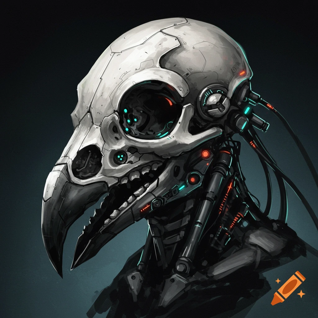 A detailed digital painting of a cybernetic raven skull with exposed ...